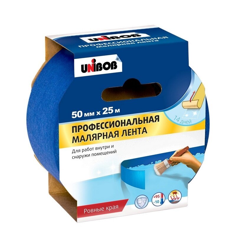 Клейкая лента UNIBOB малярная, 50 мм х 25 м, профессиональная, для наружных работ