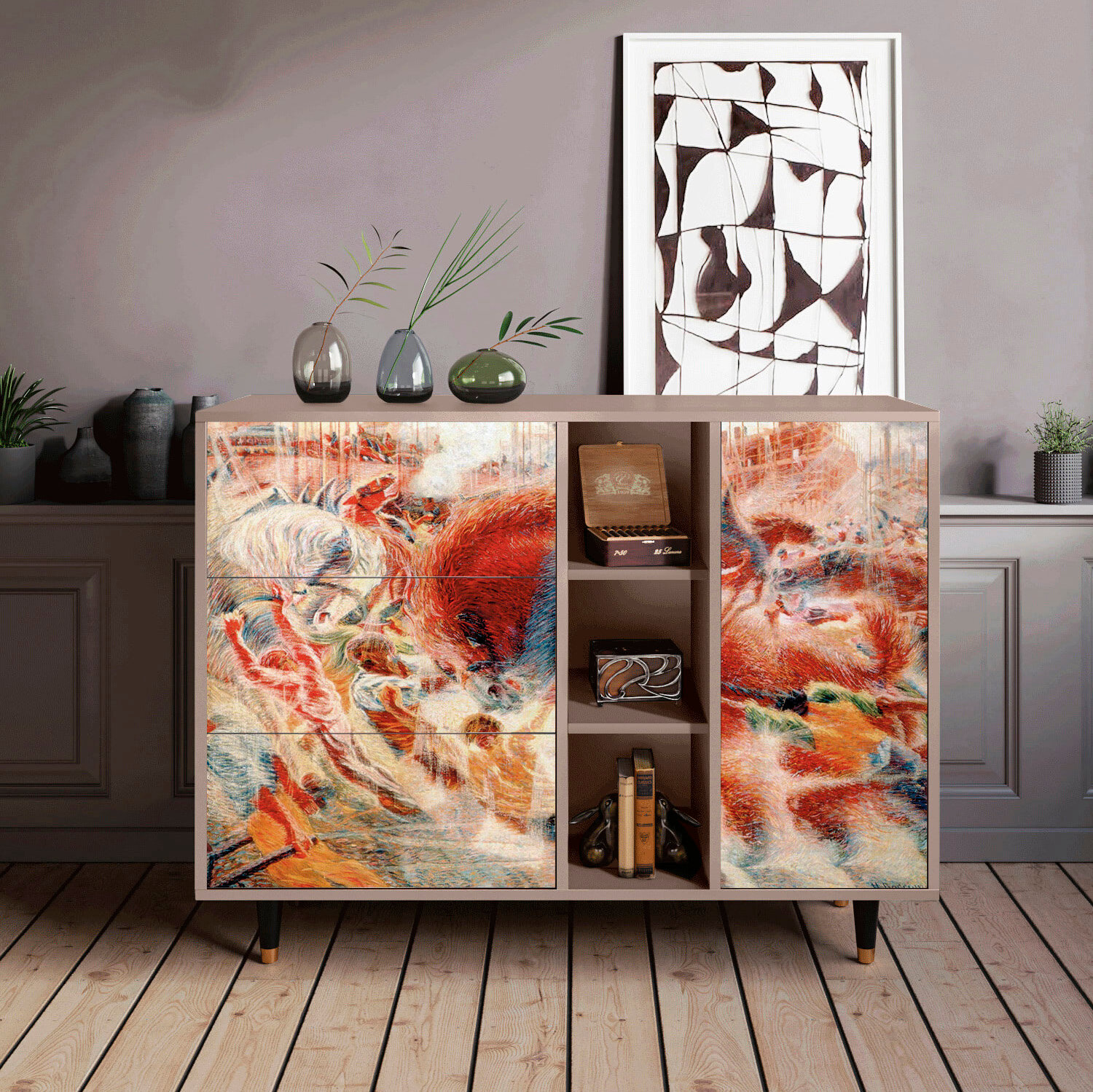 Комод - STORYZ - BS2 The City Rises by Umberto Boccioni, Разер - 125 x 97 x 48 см , Цвет корпуса - Бежевый