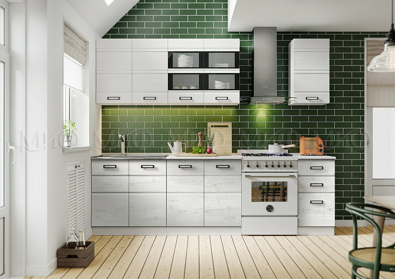 Кухня белая Техно-2 2,0м (490) Астана Эш Уайт, столешница Антарес