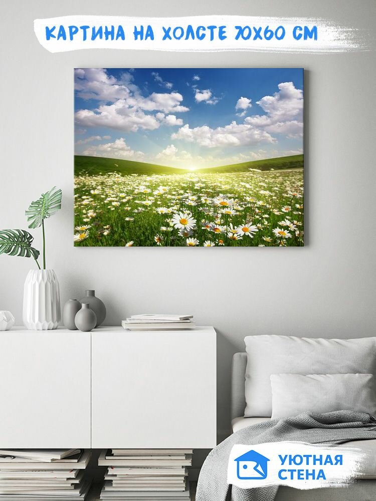 Картина на натуральном холсте Уютная стена "Множество белых ромашек" 70х60 см