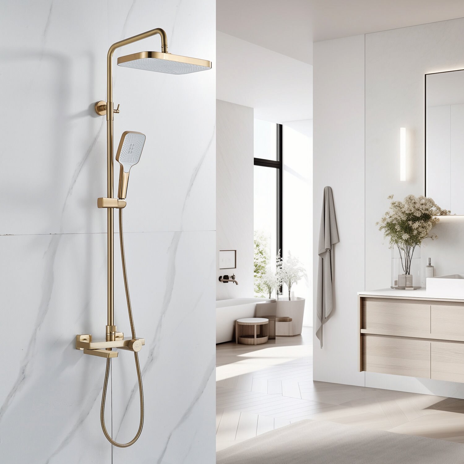Душевая система Rose с термостатом, верхним тропическим душем и ручной лейкой, золотистая
