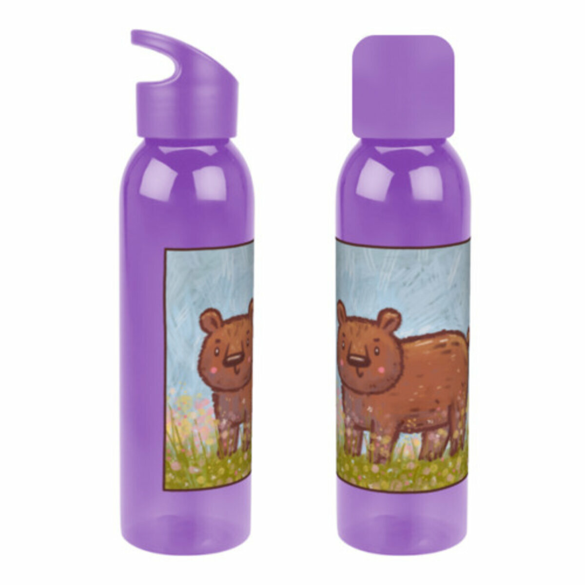 Бутылка для воды «Медведь и поле цветов. Пастель. Живопись» (фиолетовый)