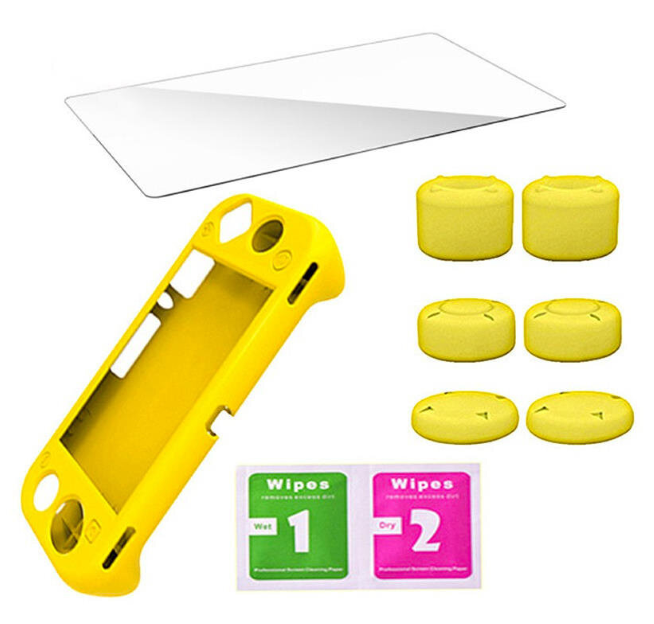 Защитный набор 3 в 1 Силиконовый чехол + защитное стекло + накладки на стики 6 штук для Nintendo Switch Lite Желтый