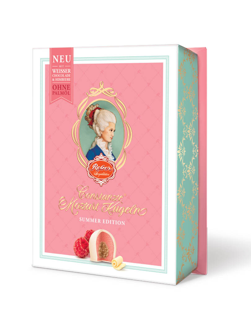 Конфеты шоколадные Reber Constanze Mozart Kugeln из белого шоколада с ореховым пралине, марципаном и малиновой начинкой, 120 г
