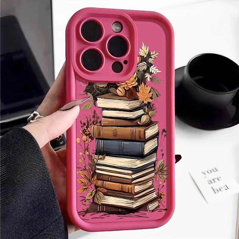 Розовый чехол для iPhone 16 Pro с книгами, A866 Hot Pink