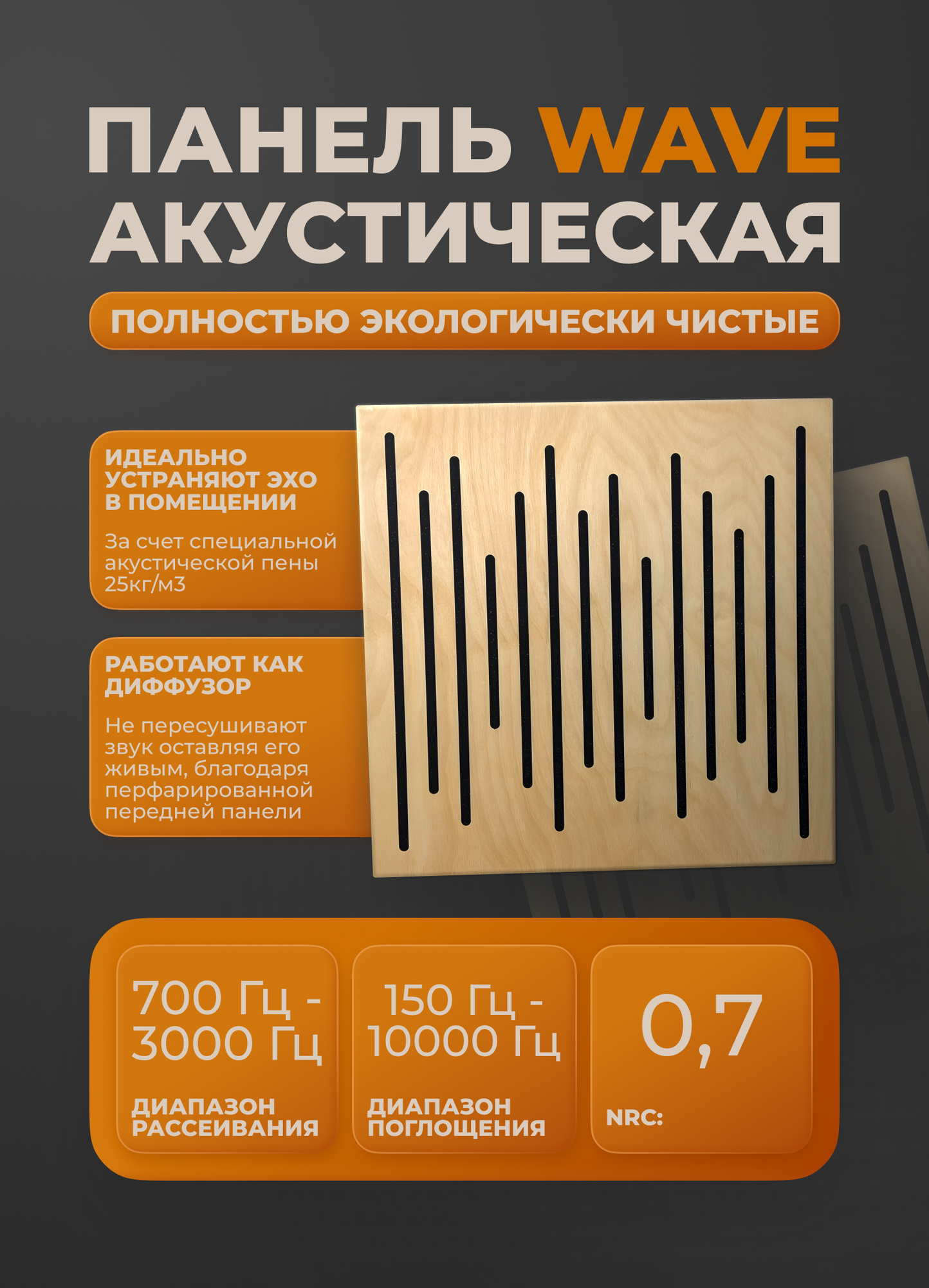 Акустическая панель Wave размеры 500х500х50мм цвет прозрачное масло