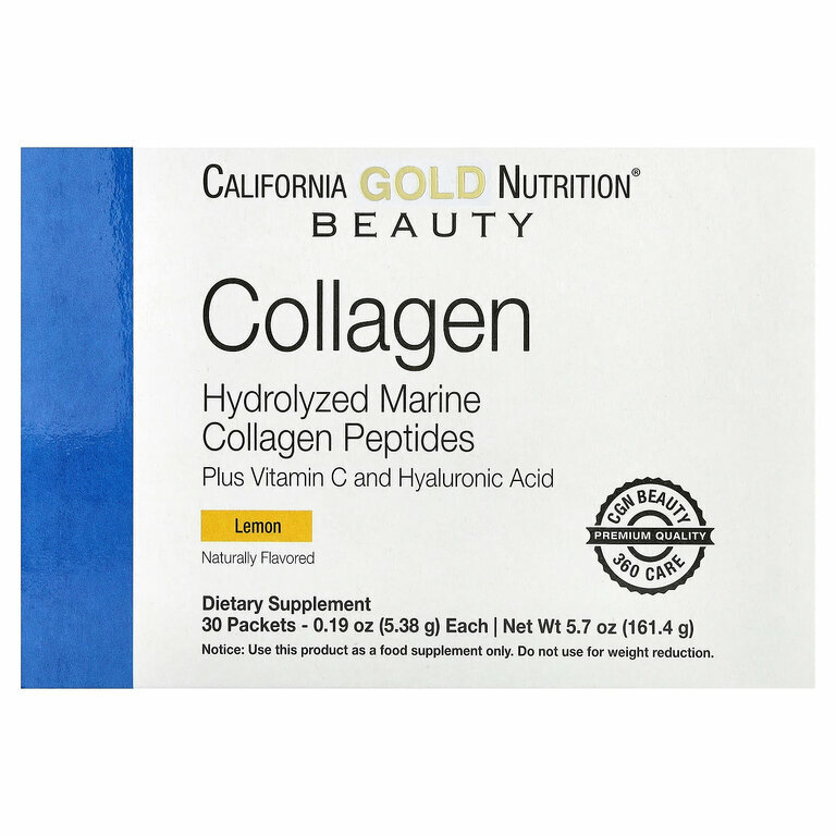 California Gold (Solumeve), Collagen Peptides, Vitamin C & Hyaluronic, Пептиды коллагена, витамин C и гиалуроновая кислота, лимон, 30 пакетиков по 5,38 г