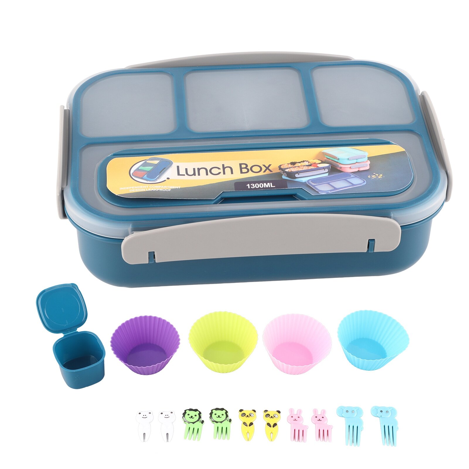 16PCS Set Bento Box Reusable 1300ml 4 Compartment Adult Lunch Box with Spoon for Fruit Lunch Blue