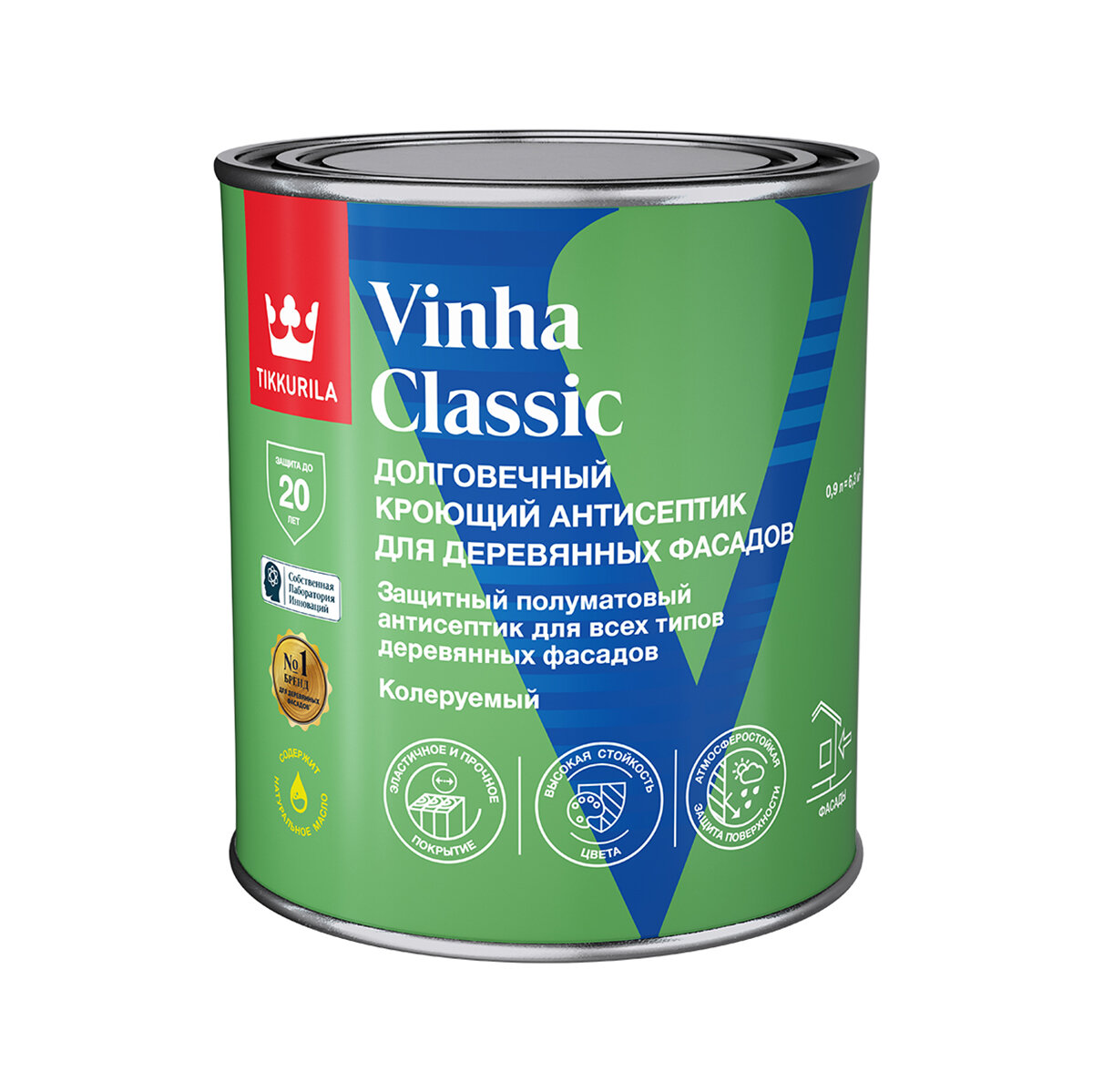 Антисептик для деревянных фасадов Tikkurila VINHA CLASSIC, фасадный, кроющий, база А, 0.9 л
