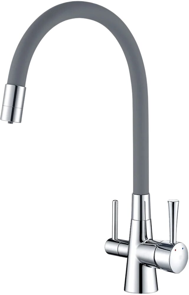 Смеситель для кухни Lemark Comfort LM3075C-Gray с гибким изливом, с краном для питьевой воды, с поворотным изливом, хром, серый, глянцевый, однорычажный, латунный, с керамическим картриджем