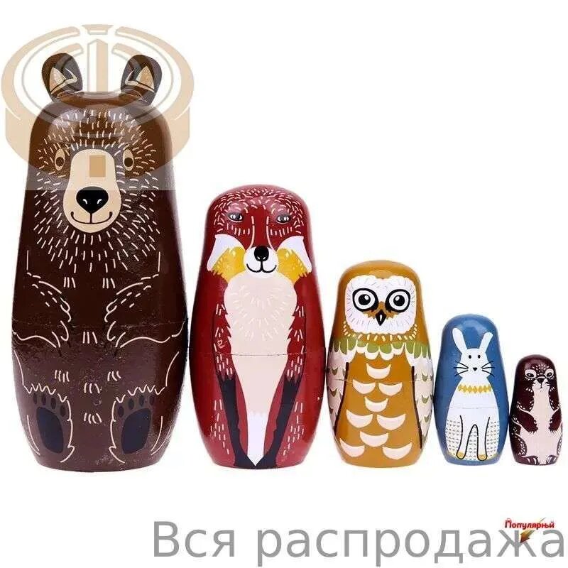 Матрешка деревянная подарочная, с рисунком медвежонка