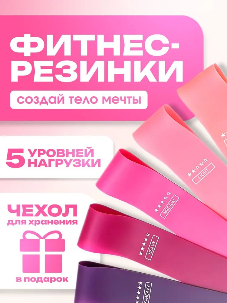 Резинка для фитнеса, набор 5 шт. Спортивный комплект эспандеров для спорта, йоги, пилатеса. Фитнес резинки цвет: розовый