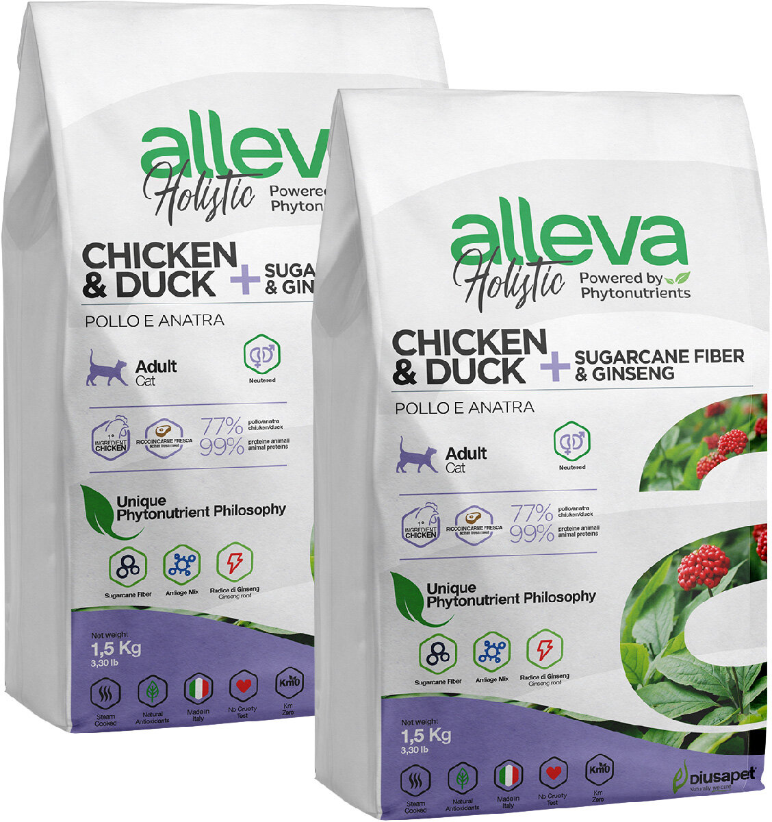 Корм сухой Alleva Holistic Adult & Sterilized Cat Neutered Chicken & Duck беззерновой для взрослых кастрированных котов и стерилизованных кошек, курица, утка, волокна сахарного тростника и женьшень, 1,5 кг 2 шт