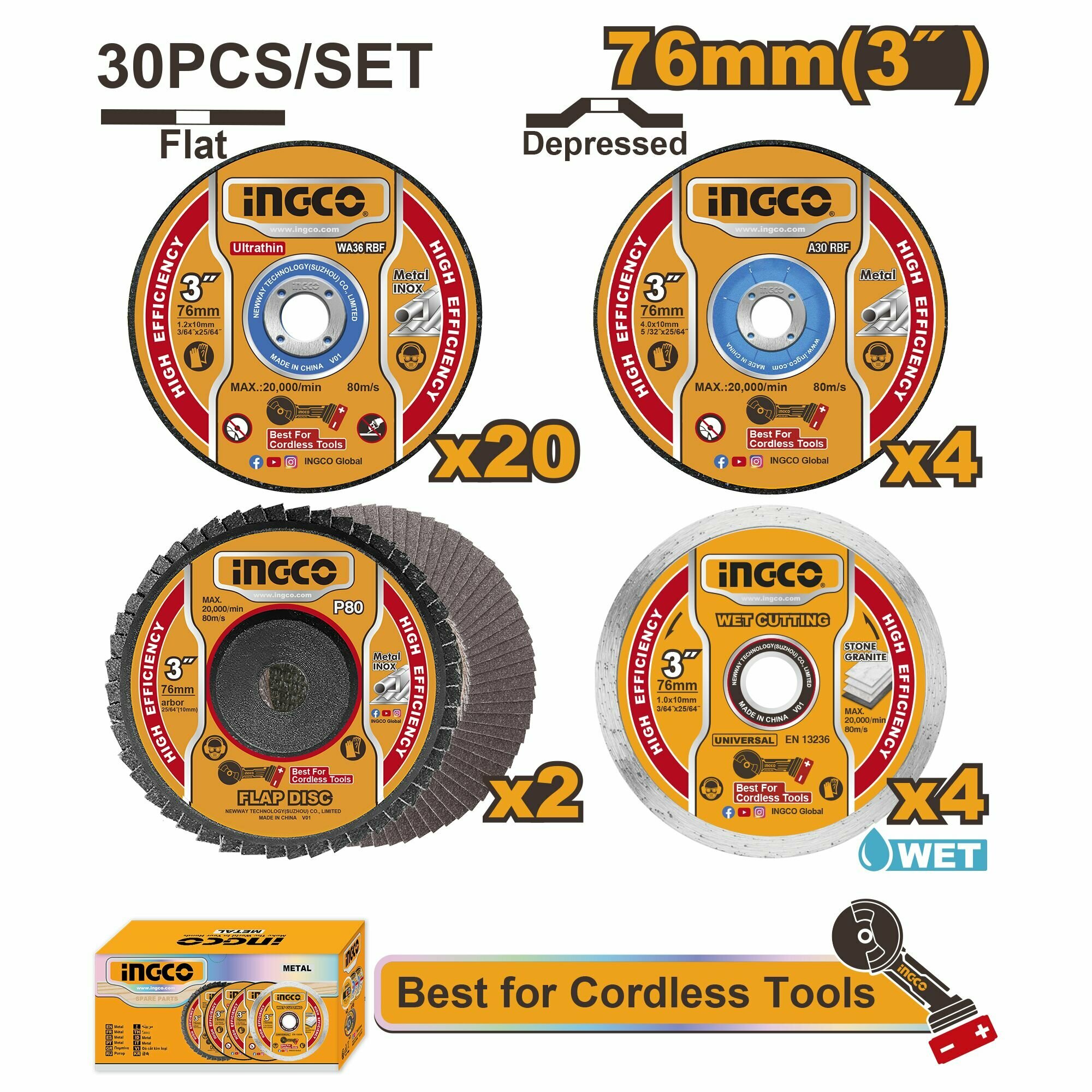 Набор кругов по металлу INGCO MCD07630 76хх10 мм Metal/Inox 30 шт.