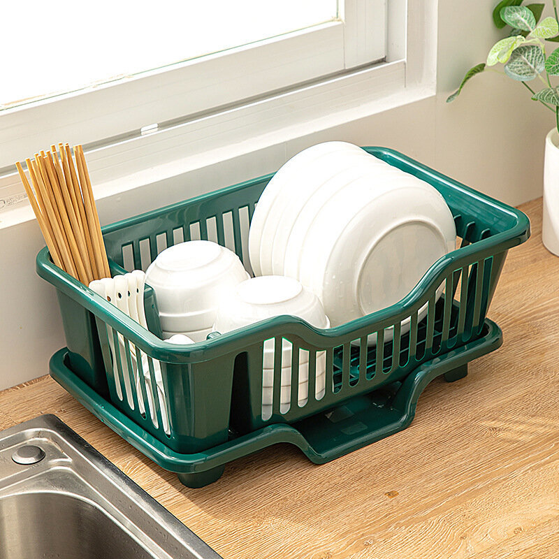 Стеллаж для сушки посуды, стеллаж для хранения посуды, стеллаж для хранения у раковины, контейнер для хранения посуды с системой отвода воды для домашней кухни (Темно-зеленый [усиленный], большой размер)