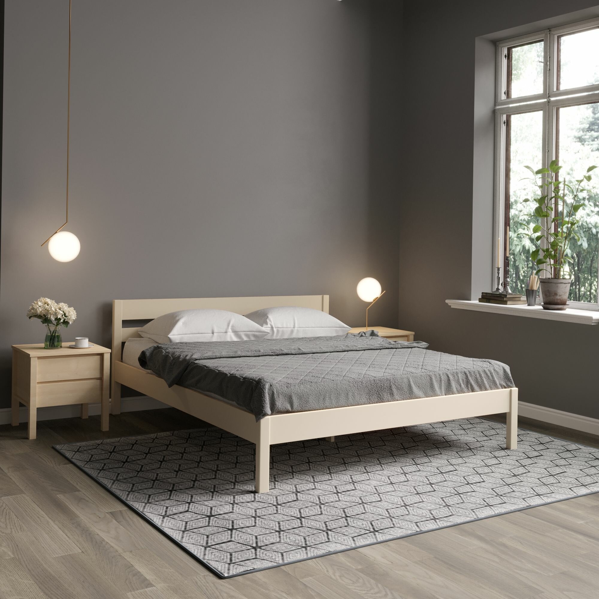 Кровать двуспальная 140х200 цвет слоновая кость из массива березы Hansales, деревянная экологичная кровать для спальни, натуральное дерево, комфортная и стильная