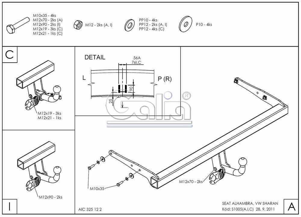 Оцинкованный фаркоп на SEAT Alhambra 2010-2020, Volkswagen Sharan 2010-2020 2WD/4WD (без электрики), Galia S100A