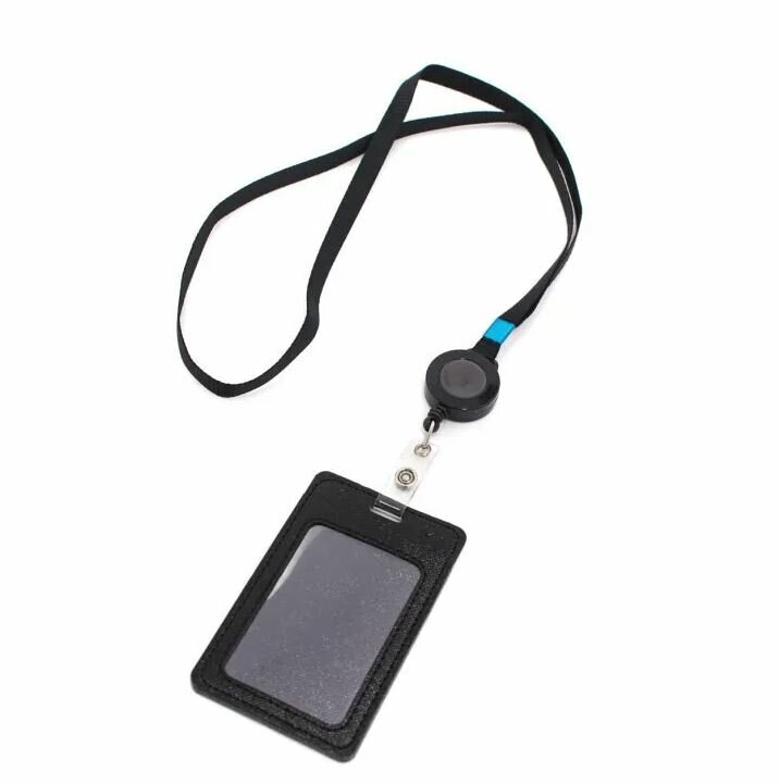Обложка (бейджик) для проездного, карты, бейдж для пропуска с рулеткой на ленте Черный Бейджи
