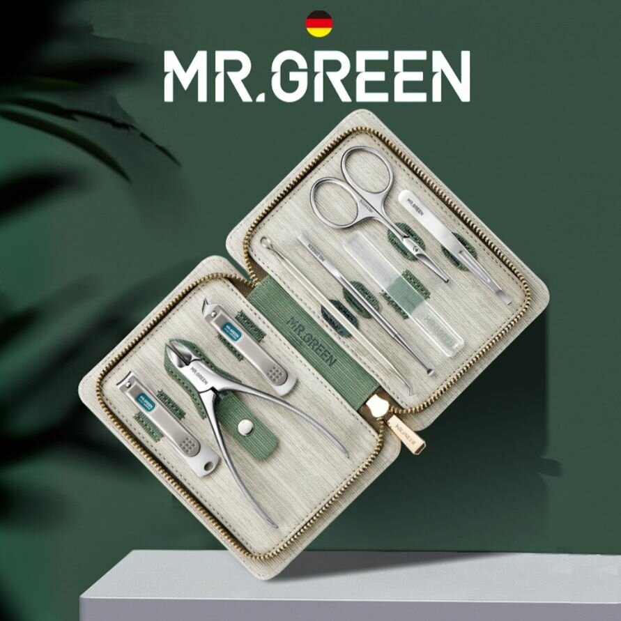 MR.GREEN Маникюрный набор 8 в 1 , из нержавеющей стали в кожаном футляре в дорогу в подарочной упаковке