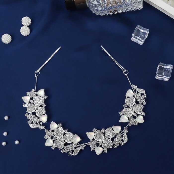 Аксессуар для волос Леона, лепестки, 26 см, серебро