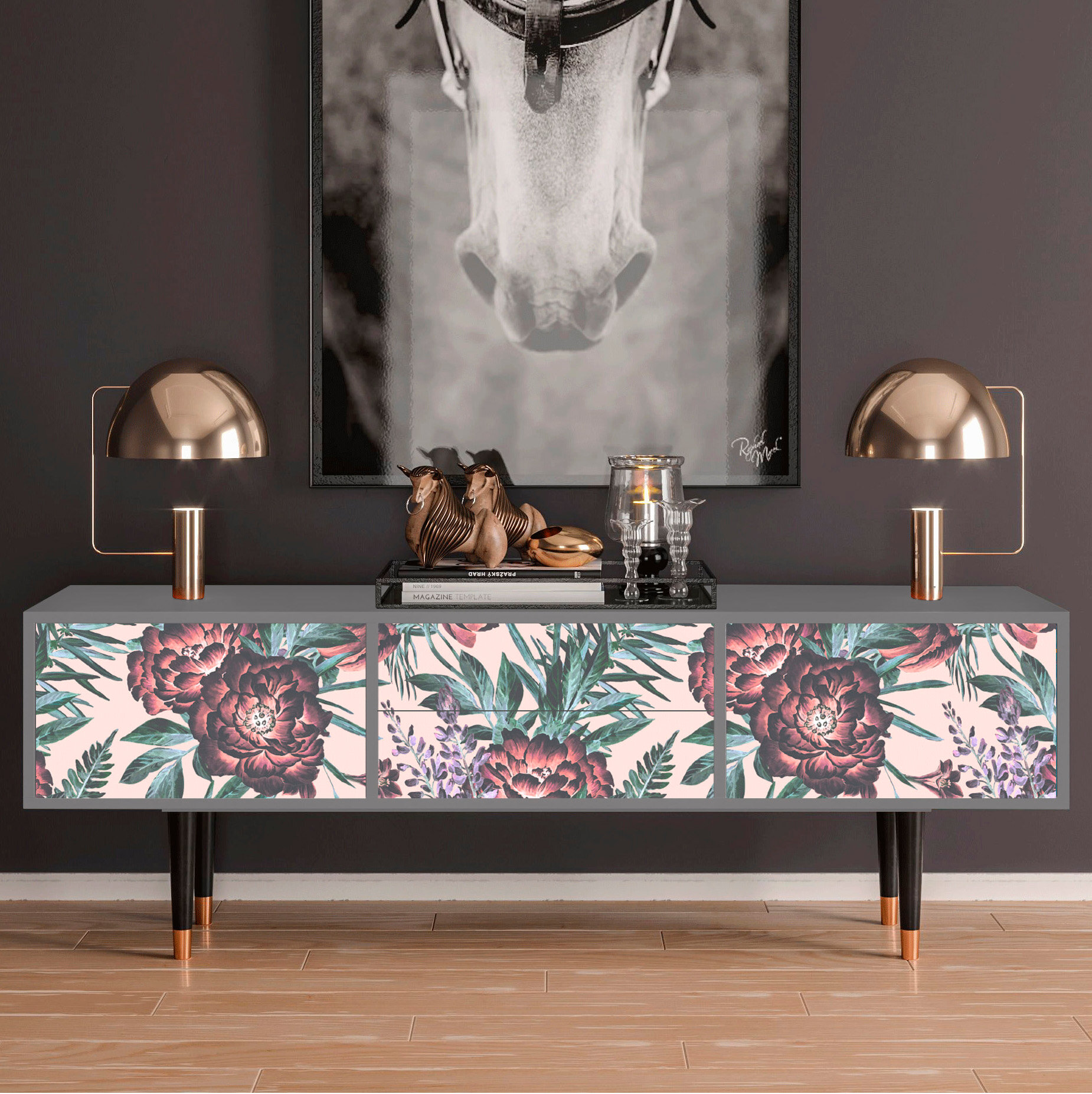 ТВ-Тумба - STORYZ - T4 Peach Peonies, Размер - 170 x 59 x 48 см, Цвет корпуса - , Серый