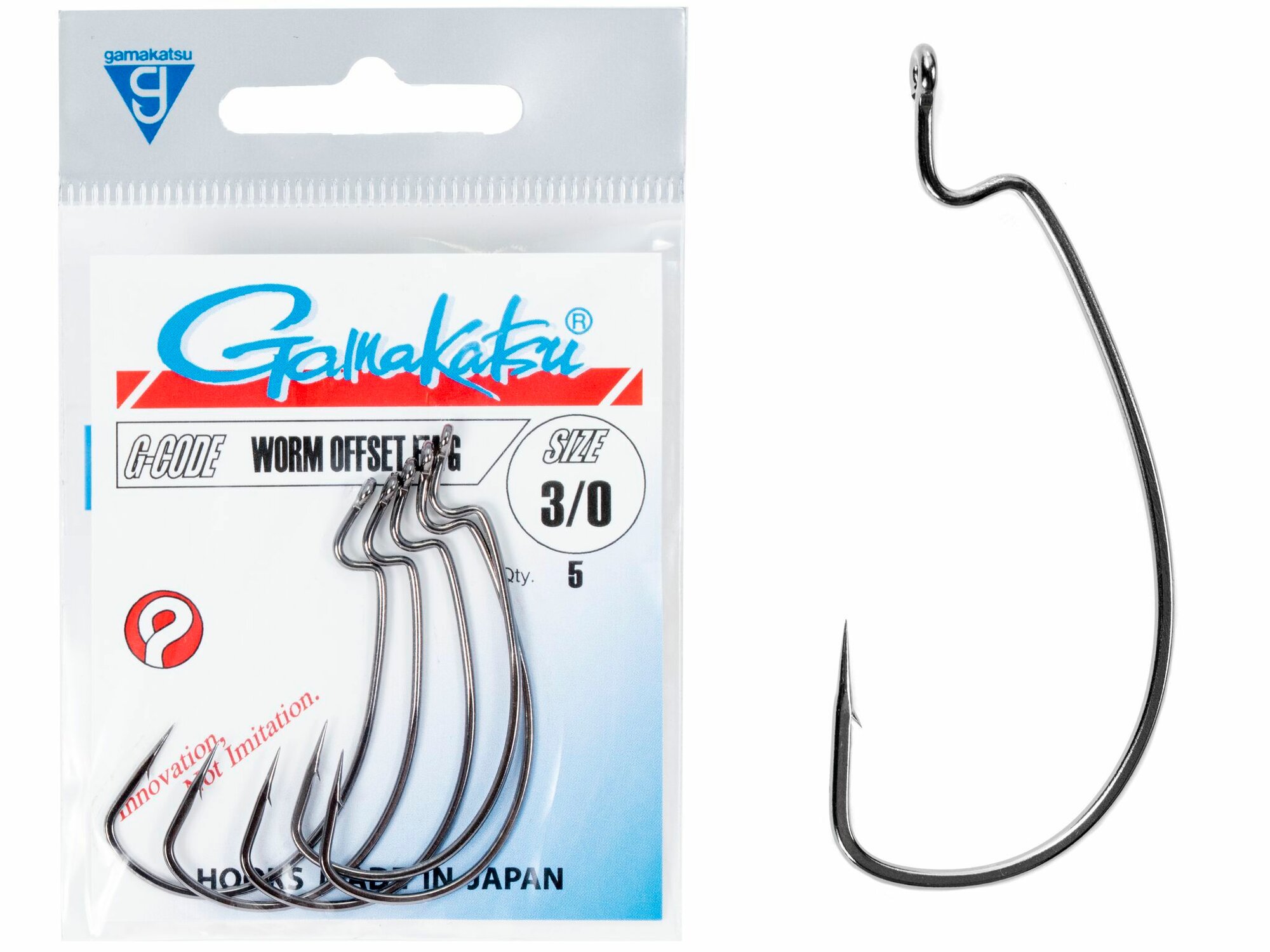 Крючки для рыбалки офсетные металлические набор на щуку и сома, Gamakatsu Worm OFFSET EWG HOOKS BLACK разм. 3/0 5шт. по 1 упак, снасти карповые летние Япония