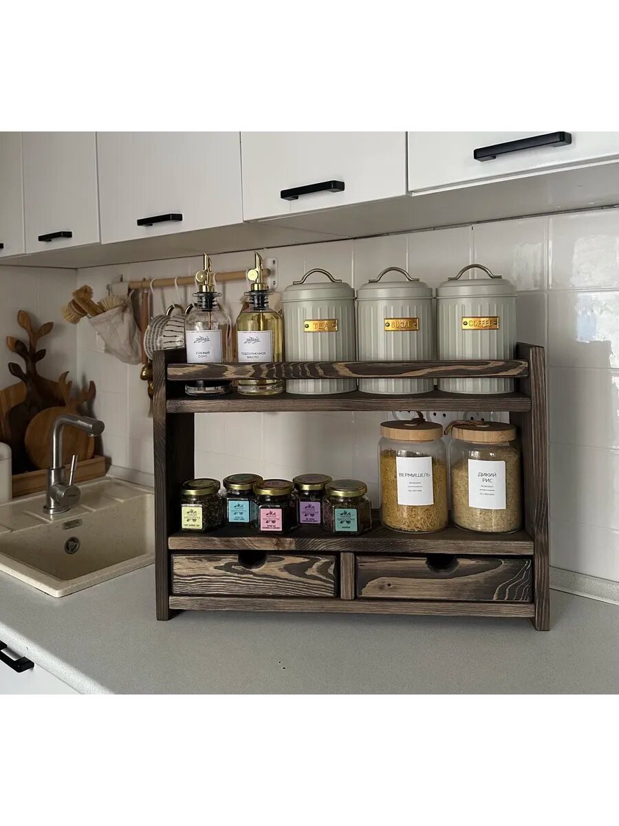 Настольная полка с 2 ящиками из натурального дерева