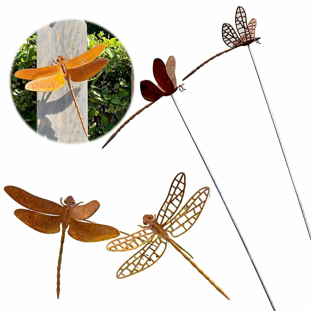 2 металлических украшения для сада в виде стрекозы, для цветочного горшка
