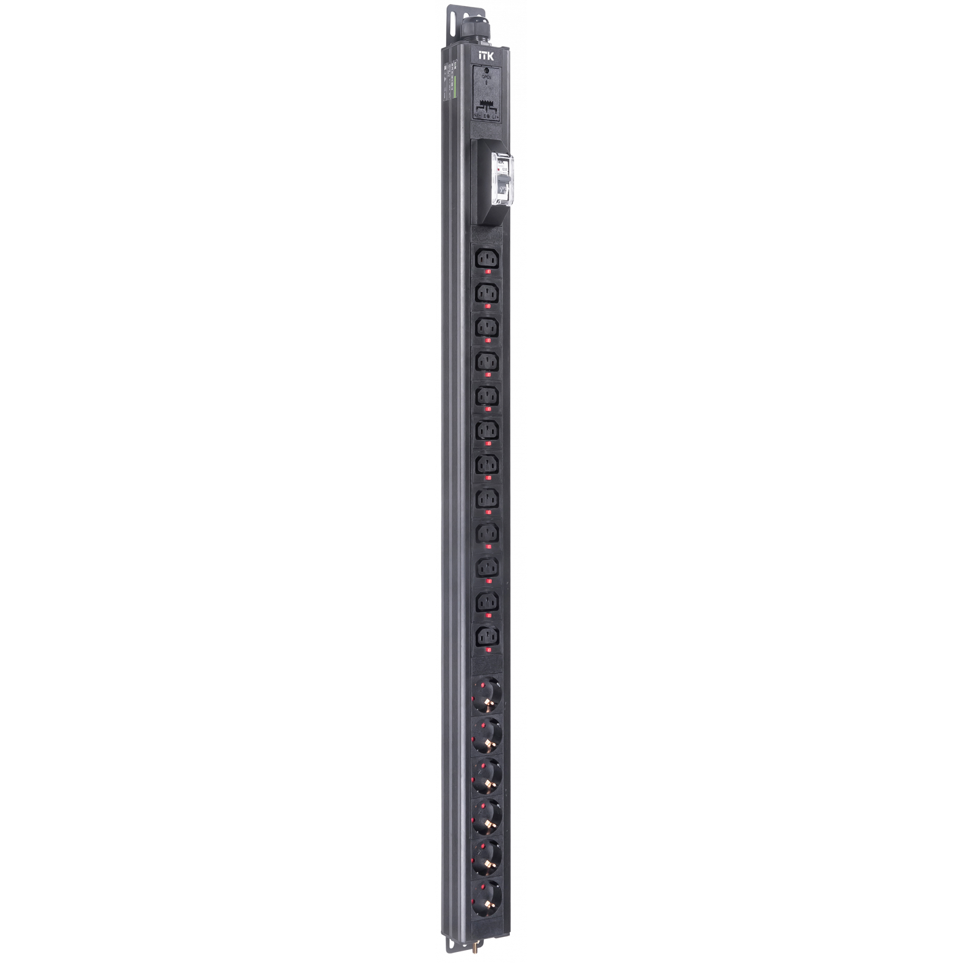ITK BASE PDU вертикальный PV1112 23U 1 фаза 32А 6 розеток SCHUKO (немецкий стандарт) + 12 розеток C13 с клеммной колодкой и кабелем 3м вилка IEC60309 (промышленная), IEK BS-PV-43-12C13-06D-12 (1 шт.)