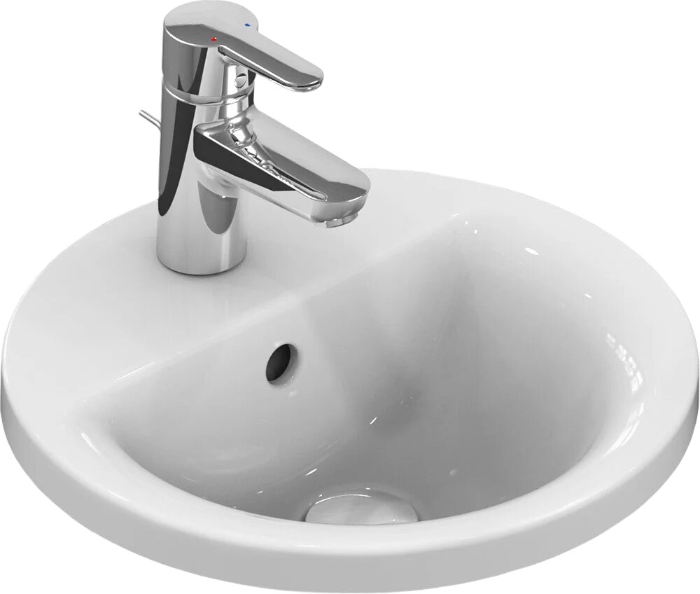 Раковина встраиваемая сверху Ideal Standard Connect E504101 38 полувстраиваемая, фарфоровая, раковина для ванной, белая, круглая, со встроенным сливом-переливом