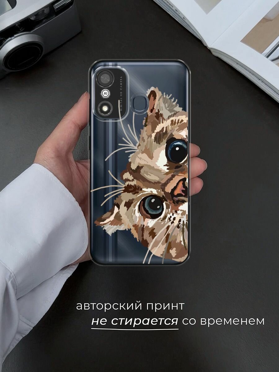 Чехол на Itel A27 / Ител А27 с принтом "Любопытный кот", прозрачный — фото 1