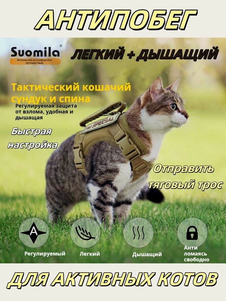 Нагрудная шлейка для кошек, тактическая шлейка, регулируемая, с защитой от разрывов