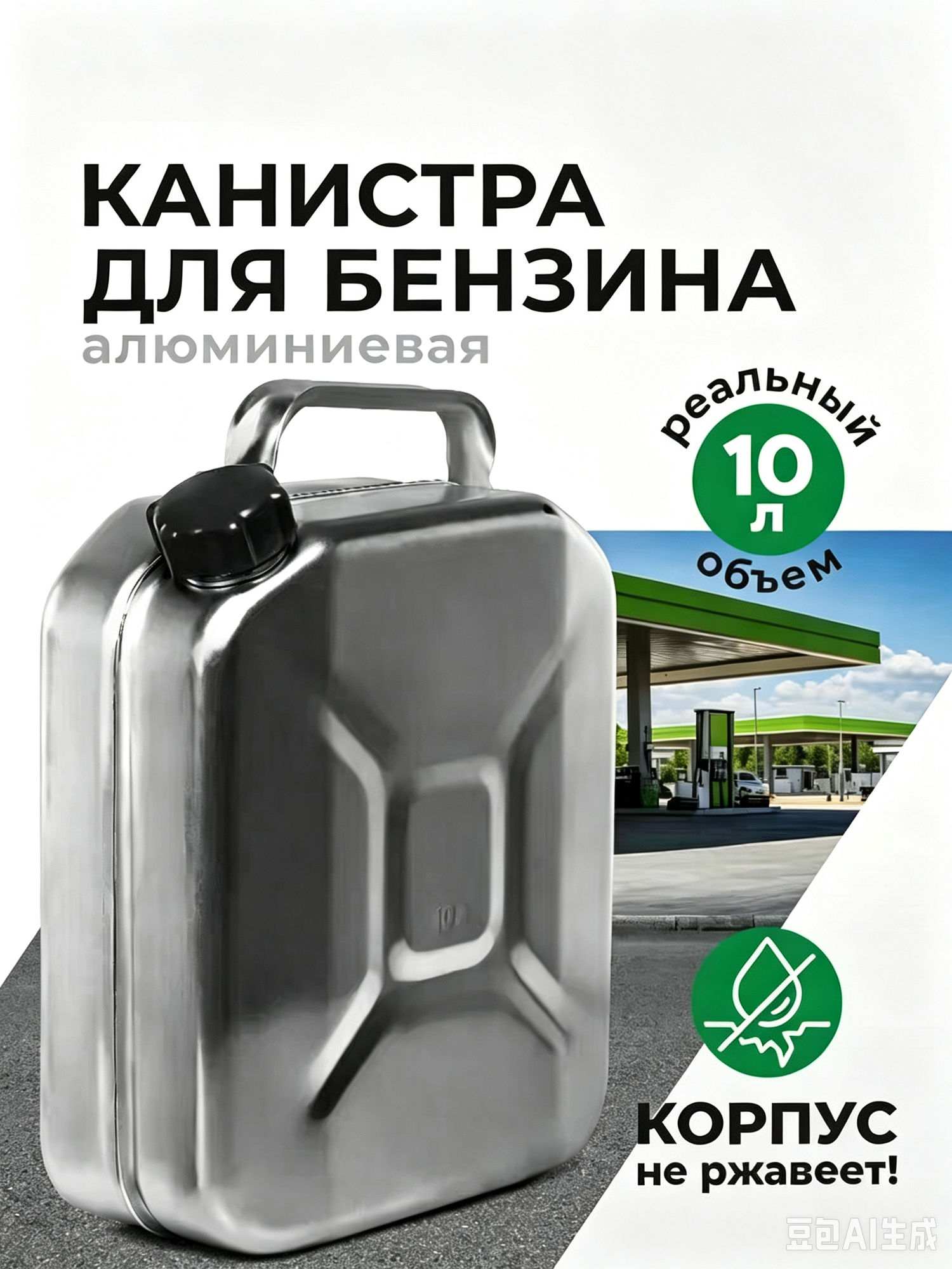 Алюминиевая канистра 10 л утолщенная, герметичная емкость для бензина, дизеля, воды и масел для авто и туризма