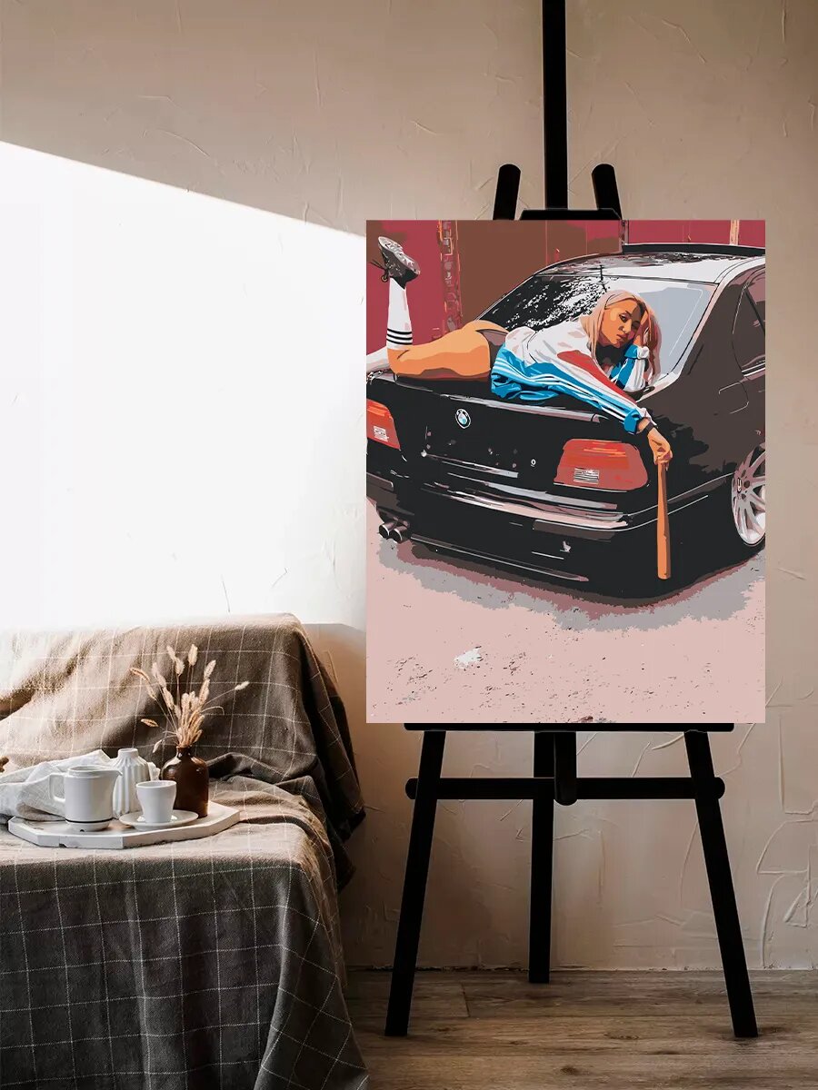 Картина по номерам Машина Бмв с Девушкой и Бейсбольной Битой