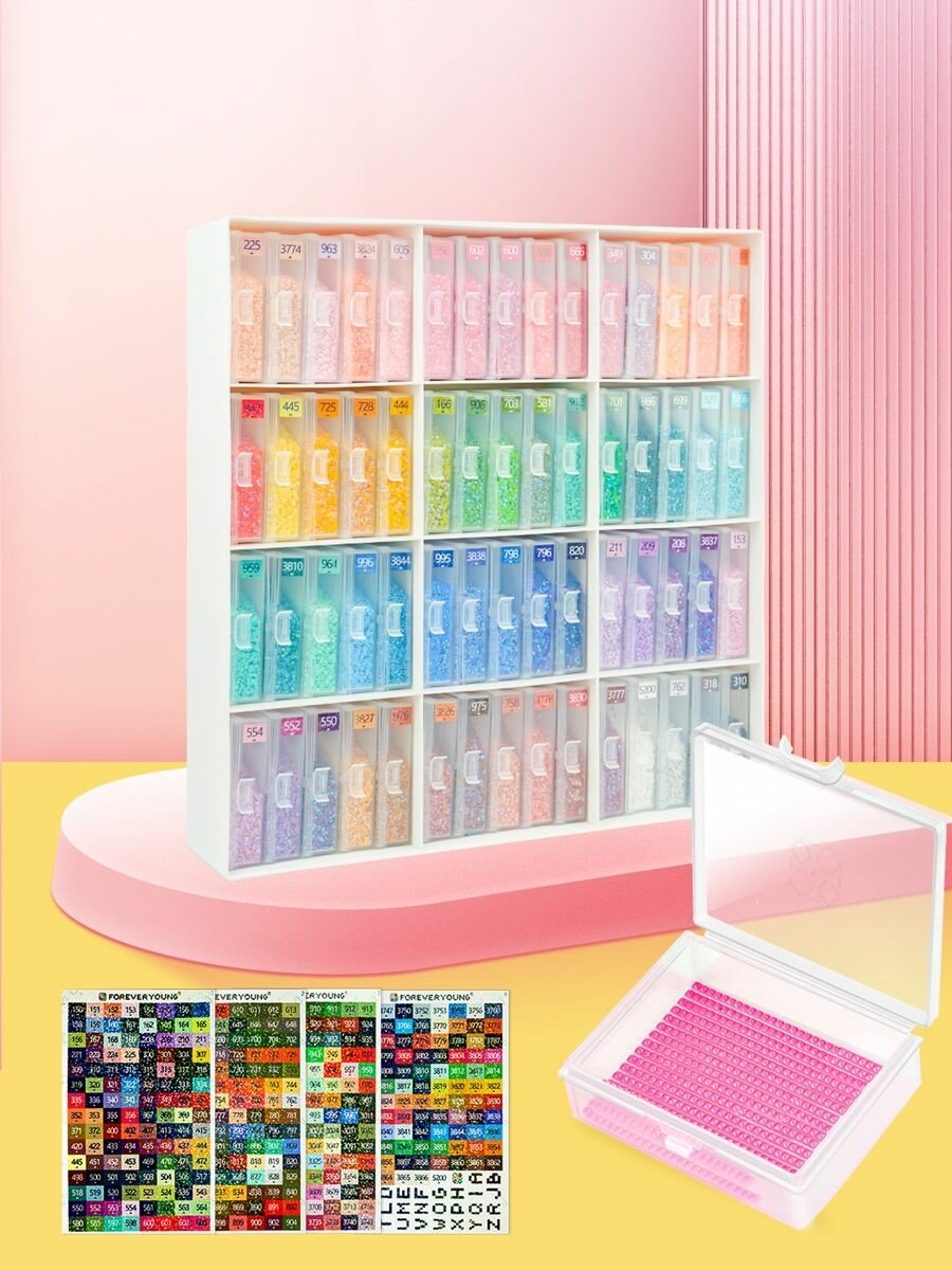 Система хранения для алмазной мозаики 60 лотков-боксов, настольная стойка органайзер для камней и стразов, порядок и скорость в творчестве, Forever Young