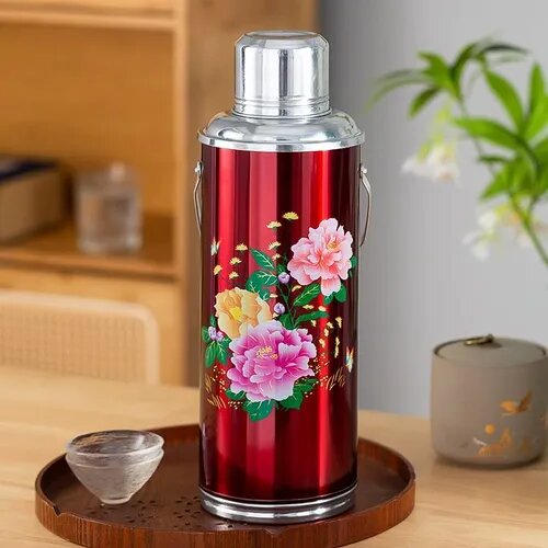 Термос С ручкой "красный глянец и цветок", 2 л