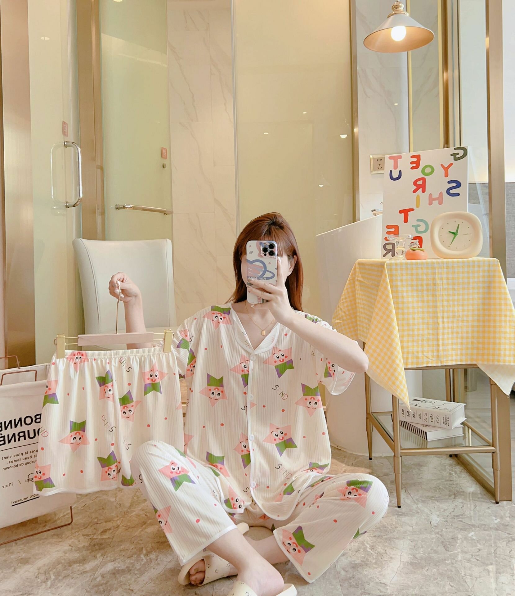 Весенне-осенний женский пижамный комплект из трех предметов, стильный костюм с короткими рукавами, свободный край, милая домашняя одежда для девочек, размер:2XL