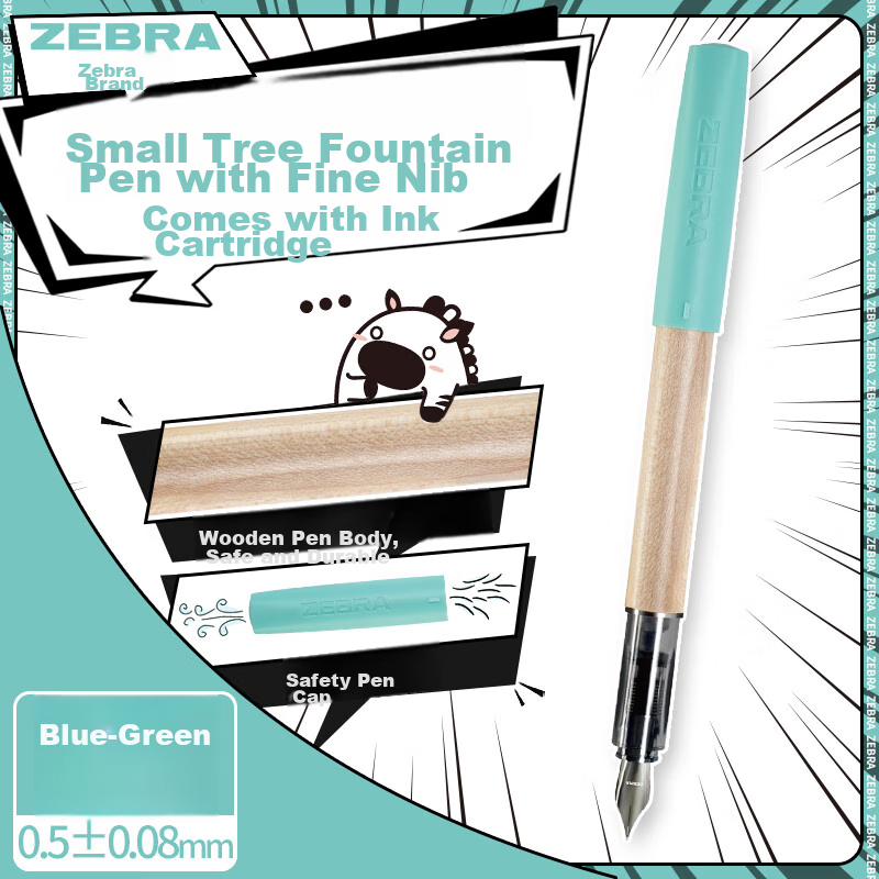 ZEBRA Brand Small Tree Fountain Pen for Students' Handwriting Practice, Entry-Level Calligraphy Pen with Natural Wood Handle, Birthday Gift, Includes 2 Blue Ink Cartridges, C-FFR7 Blue-Green, F Nib