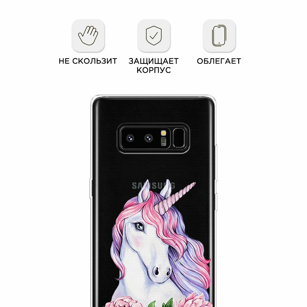 Чехол на Samsung Galaxy Note 8 / Самсунг Галакси Нот 8 с принтом "Единорог с пионами", прозрачный — фото 1