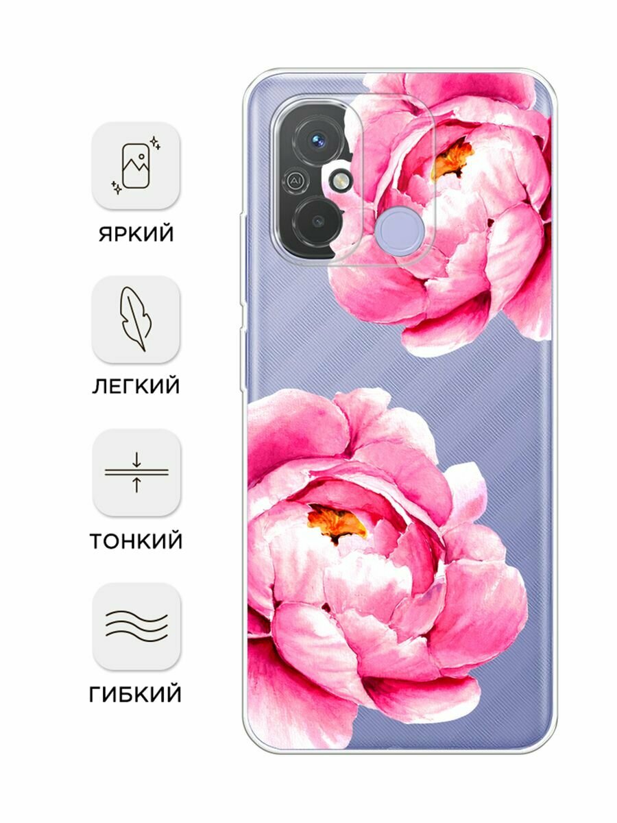Чехол на Xiaomi Redmi 12C/Poco C55 / Редми 12C/Поко С55 с принтом "Open peonies", прозрачный — фото 1
