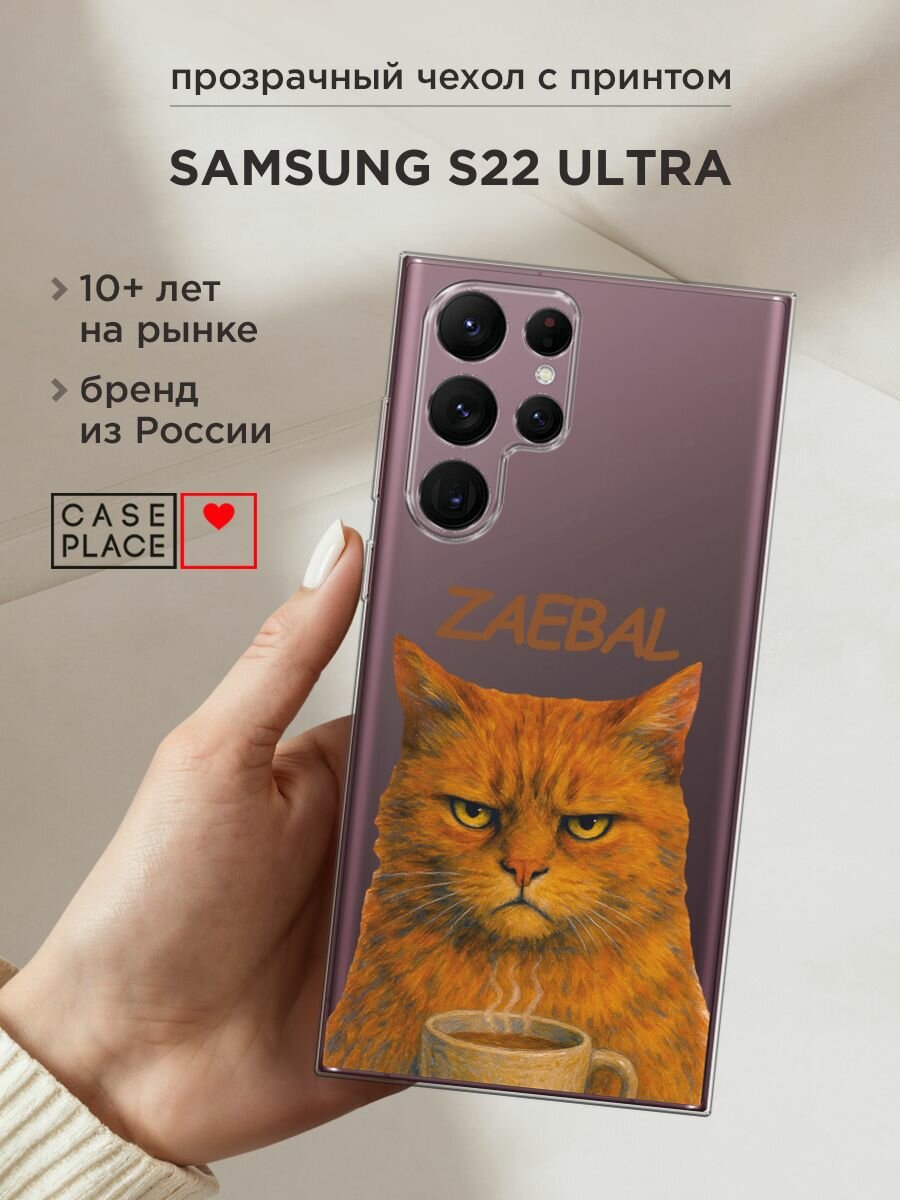 Чехол на Samsung Galaxy S22 Ultra / Самсунг Галакси S22 Ультра с принтом "Рыжий кот с надписью", прозрачный