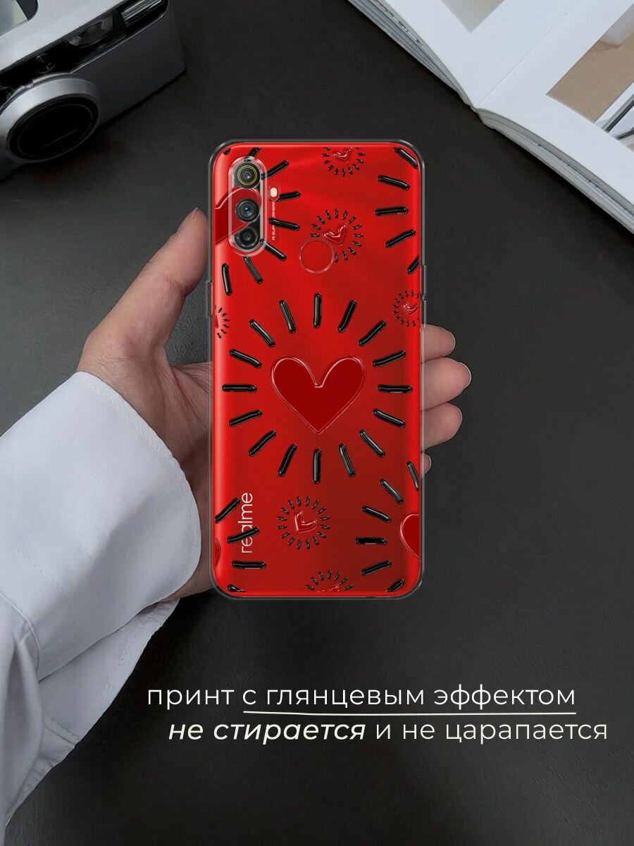 Чехол на Realme C3 / Реалми C3 с принтом "Бордовые сердца паттерн" — фото 1
