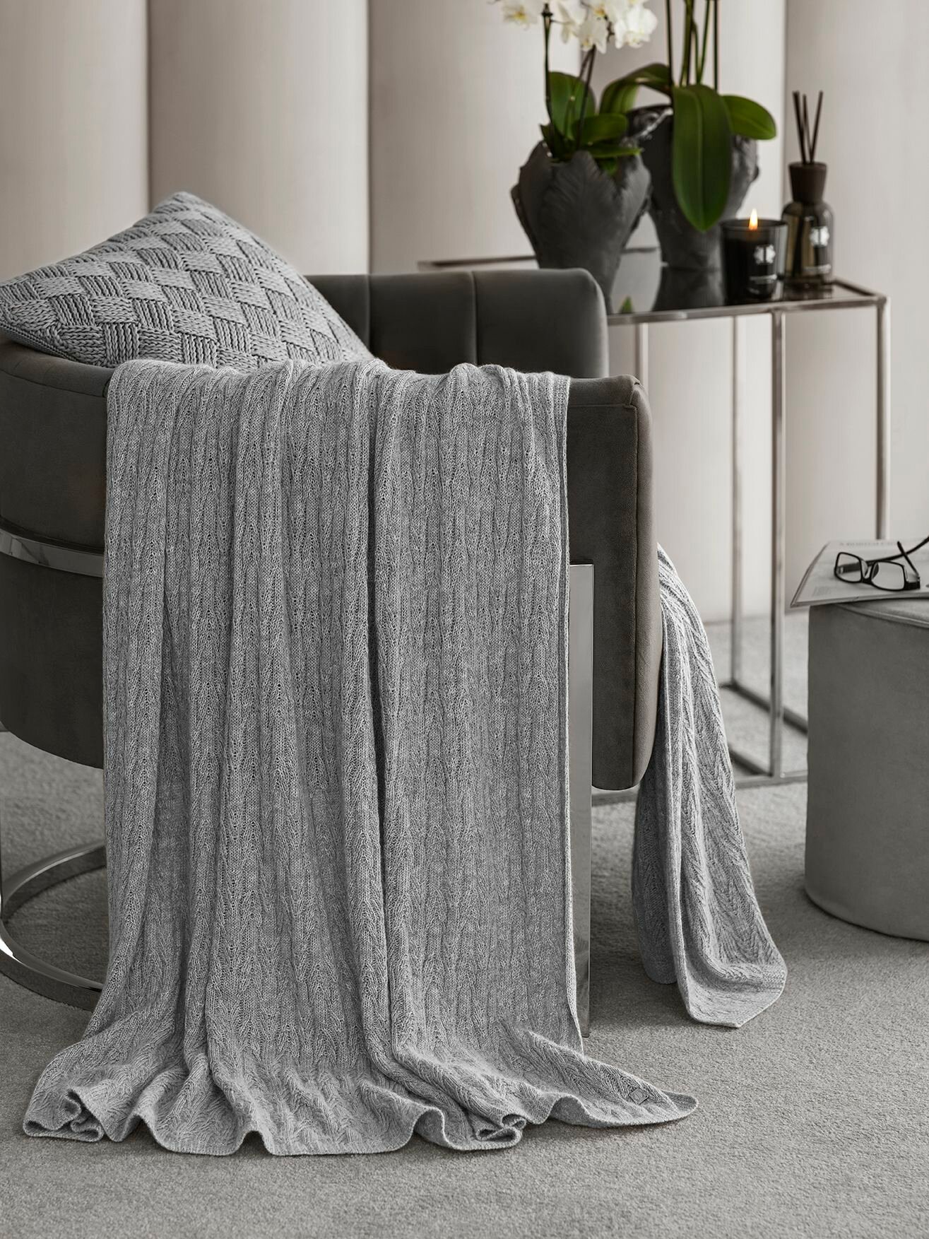 Togas Плед вязаный 130x180 "Холти" шерсть ангоры, модал, 320 г/м2, серый