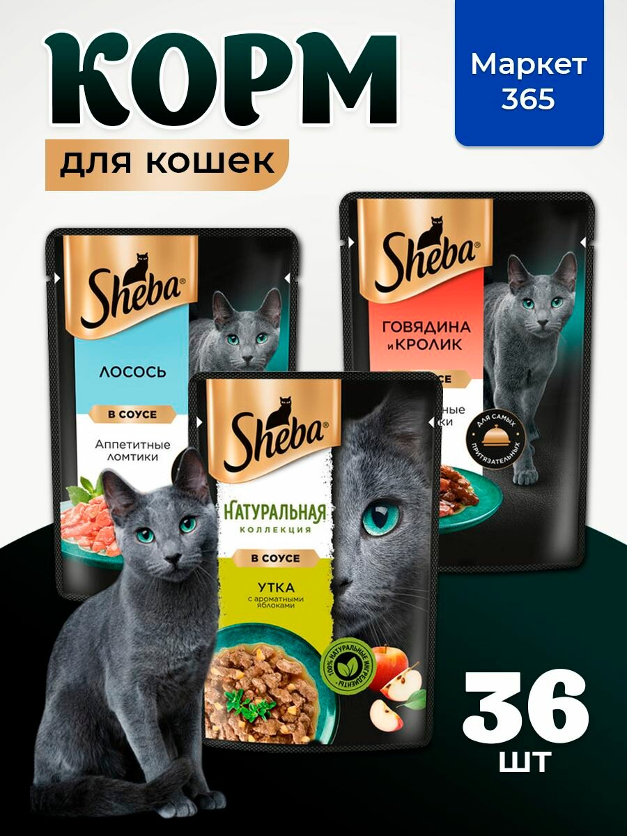 Влажный корм для кошек Sheba. Набор "три вкуса". Лосось, утка с ароматными яблоками, говядина и кролик. 36 шт х 75 г