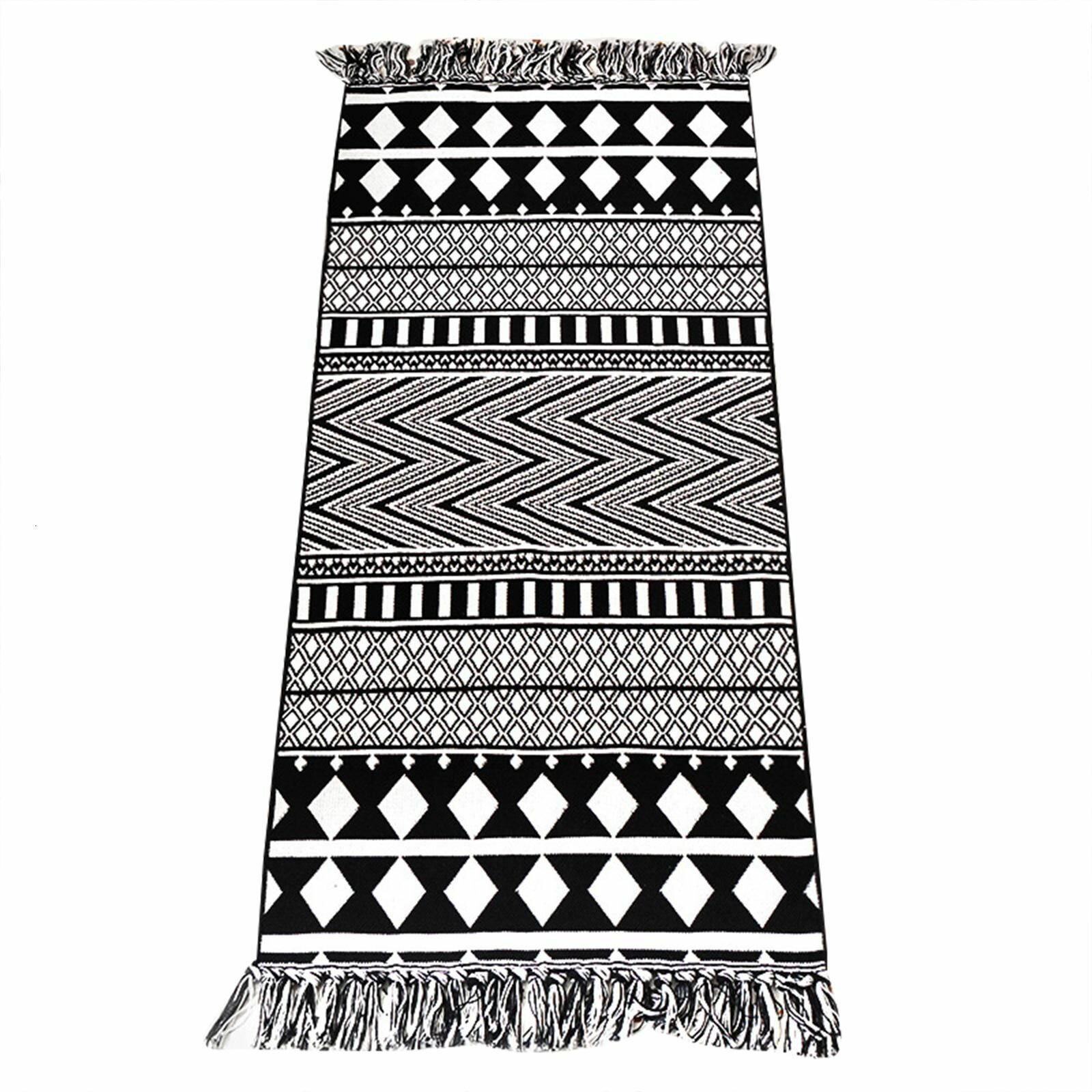 Тканый ковер с кисточками из хлопка и льна в этническом стиле-Felos-60x130 см