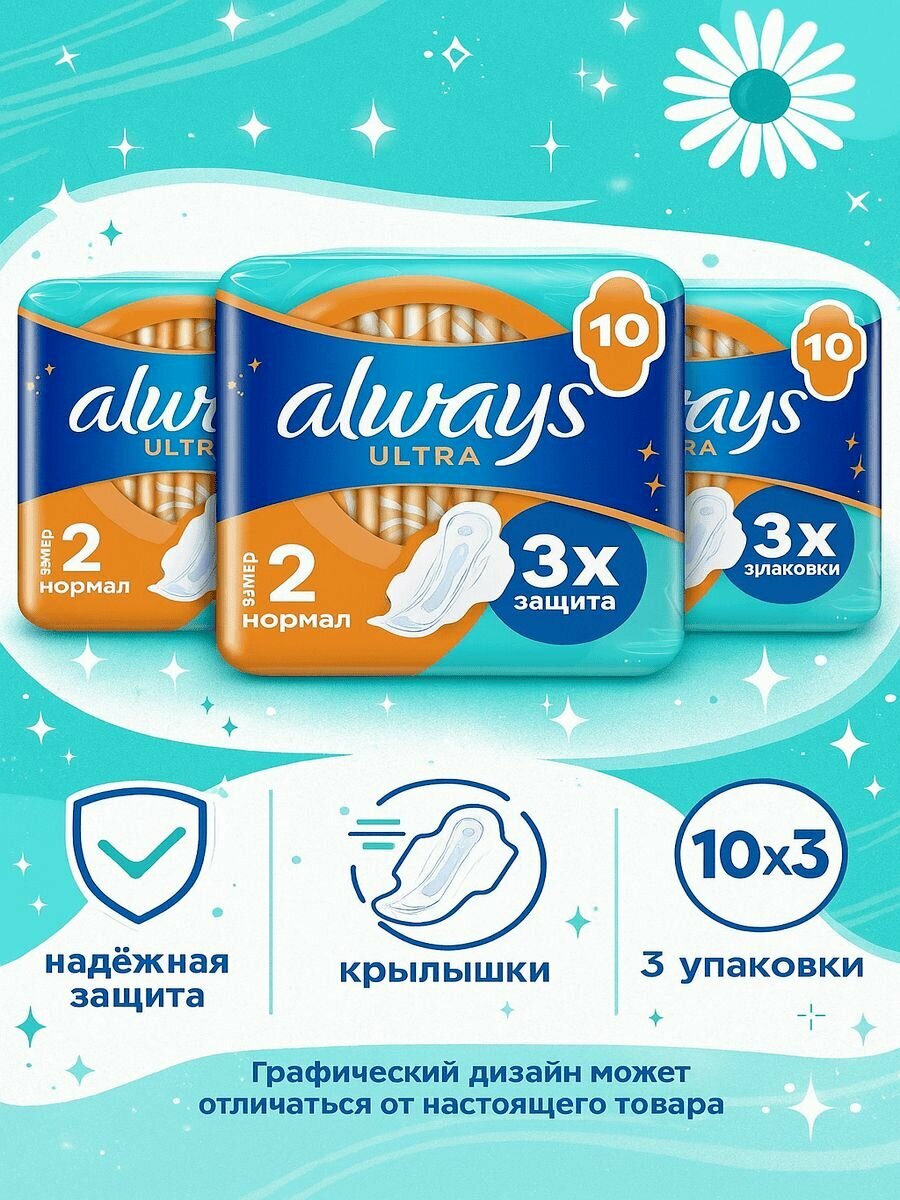 Прокладки ALWAYS Ultra Нормал, с крылышками, 10шт x 3 упаковки