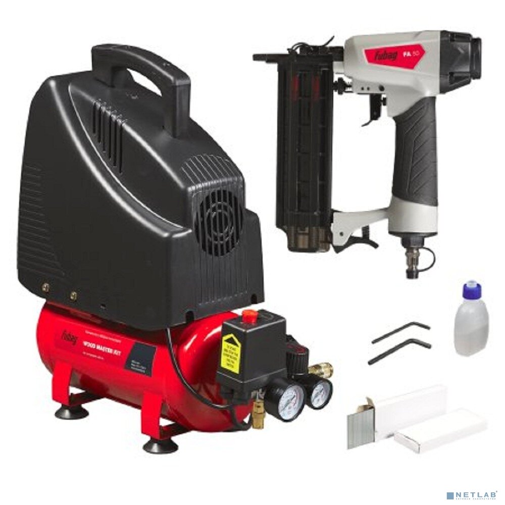 FUBAG WOOD MASTER KIT Компрессор + набор из 4 предметов [646035] {Реси- вер, л 6. Произ- водит, л/мин 180 Давле- ние, бар 8 Мощность, кВт1.1 Напря- жение, В 220 Вес, кг 14}