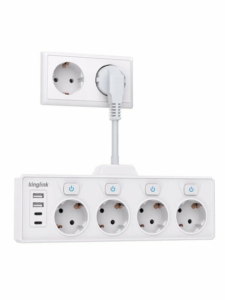 Розетка-удлинитель EU 8-в-1 Белая матовая: 4 EU + 2 USB-A + 2 Type-C, 3680Вт, 50см кабель (180 ), выключатель