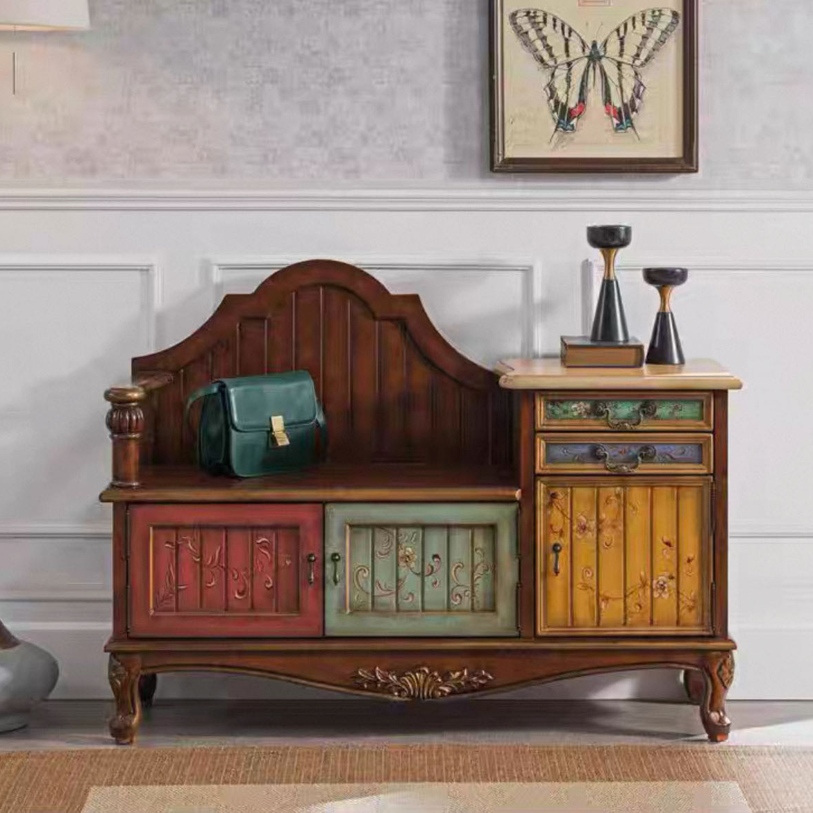 Интерьерная банкетка с тумбой для обуви в американском ретро стиле Kreuz (коричневый / тумба слева)