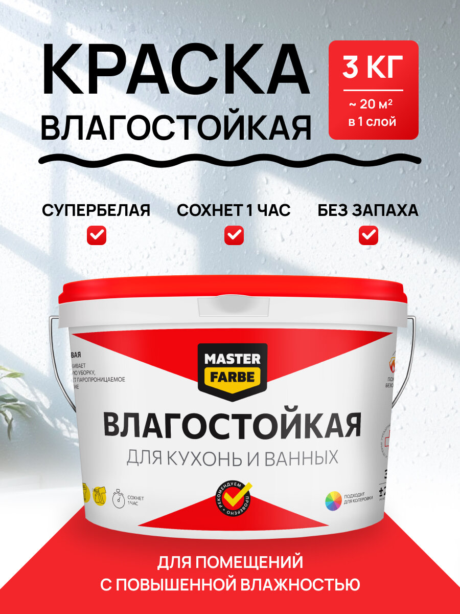 Краска акриловая влагостойкая MASTERFARBE интерьерная для стен, матовая белая 3 кг